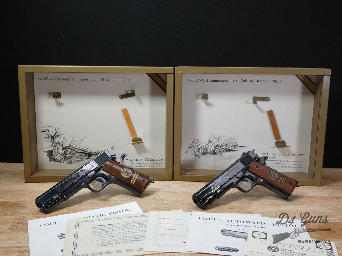 MATCHED PAIR Colt WWI Commemorative 1911 Set - .45 ACP - XLNT w/ Cases ...